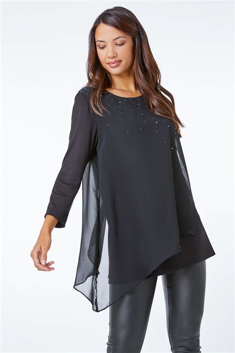 Embellished Chiffon Overlay Top In Black Roman Originals Uk