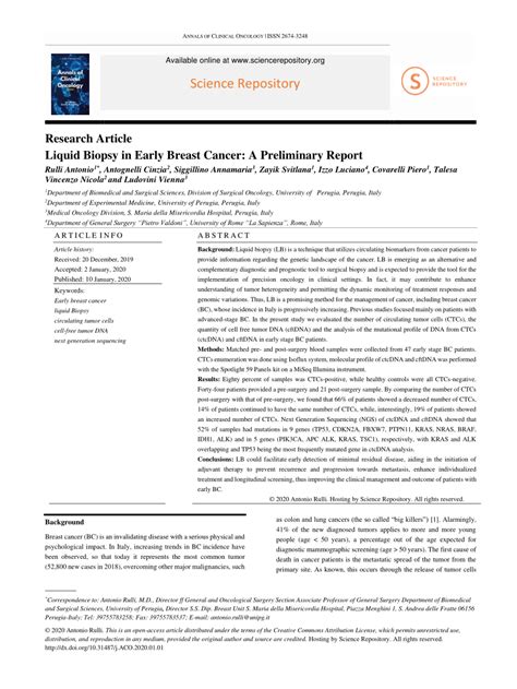 Pdf Liquid Biopsy In Early Breast Cancer A Preliminary Report