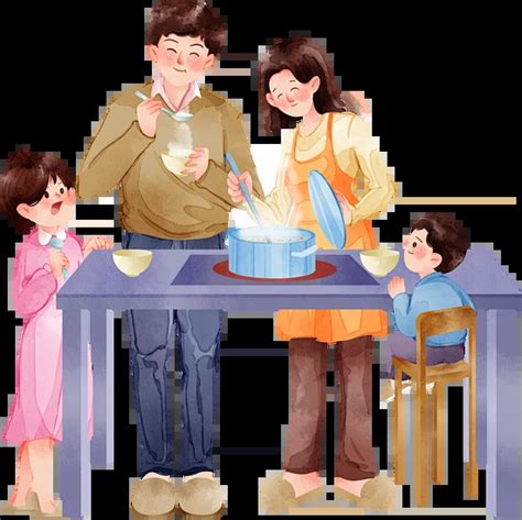 三孩时代主题手绘风格插画 做饭的一家人 花瓣网
