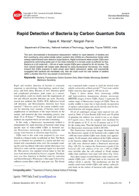 Pdf Rapid Detection Of Bacteria By Carbon Quantum Dots