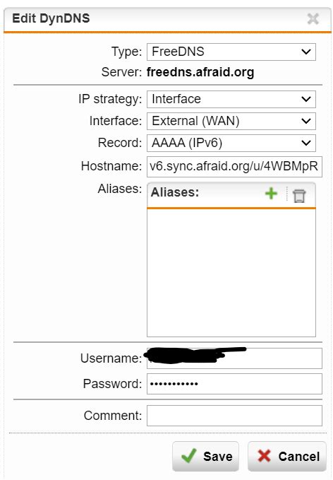 Configuration Of DynDNS Settings To Run With FreeDNS Afraid Org And IPv6 Management