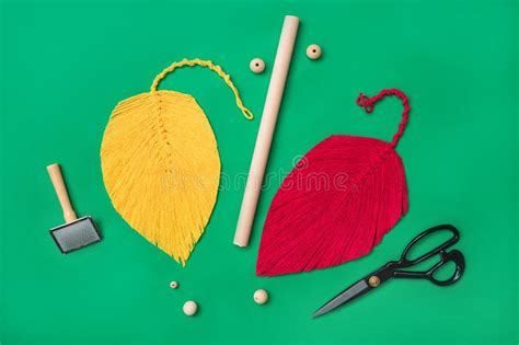 macrame leaves red and yellow on green background with scissors stock
