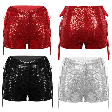 Women Shiny Sequins Side Lace Up Hot Sexy Mini Shorts Nightclub Party