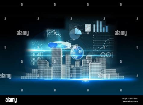 Holographic Wireframe City Skyline Is Emerging In 3d With Glowing Grid Pie Chart Rotating Globe
