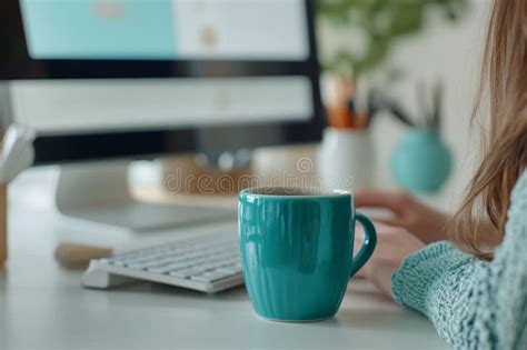 A Cozy Workspace Featuring A Turquoise Coffee Cup Next To A Keyboard The Computer Screen