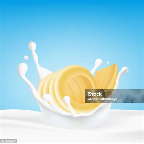 우유 스플래시 사실적인 모형 벡터 일러스트에 버터의 트위스트 조각 마가린에 대한 스톡 벡터 아트 및 기타 이미지 마가린 3차원 형태 건강한 식생활 Istock