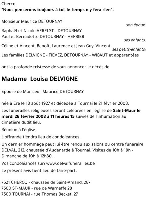 Avis De Décès De Louisa Delvigne Décédé Le 21022008 à Tournai