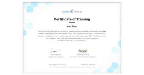 Om Bhor On Linkedin Successfully Completed The Data Science Training From Internshala