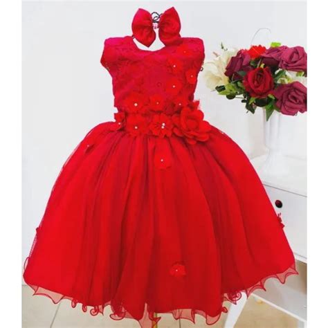 Vestido Festa Infantil Juvenil Floral Luxo Jardim Encantado Vermelho No