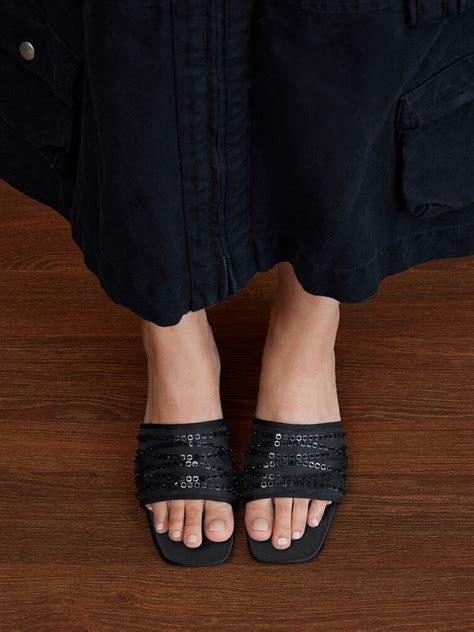 Black Textured Mesh Sequinned Block Heel Mules Charles And Keith Bh