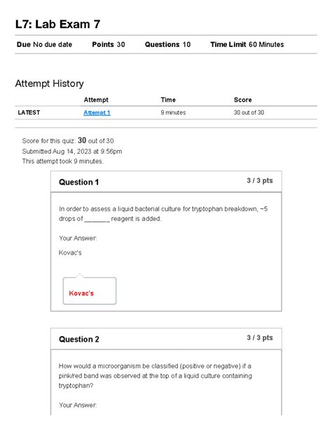 Lab Exam 2 Microbiology Detailed Attempt Insights And Scoring Studocu