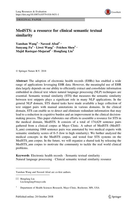 Pdf Medsts A Resource For Clinical Semantic Textual Similarity