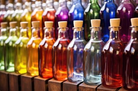 Array Of Glass Bottles Containing Liqueurs Of Different Color Shades