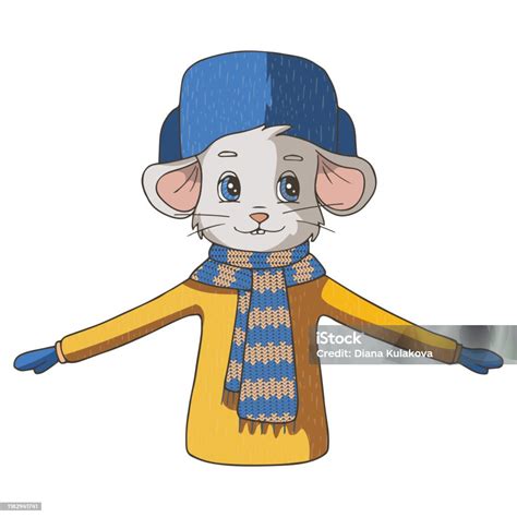 노란색 코트 파란색 니트 스카프와 장갑과 모자를 입고 귀여운 만화 마우스 0명에 대한 스톡 벡터 아트 및 기타 이미지 0명 귀여운 노랑 Istock