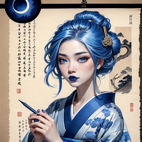 A Woman Blue Hair Blue Lipstick Blue Kimono Blue