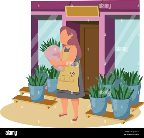 Woman Daily Routine Flat Composition With View Of Flower Shop Entrance