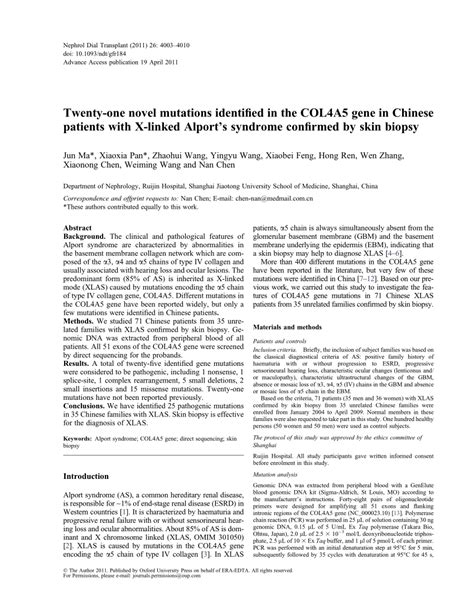 Pdf Twenty One Novel Mutations Identified In The Col4a5 Gene In Chinese Patients With X Linked