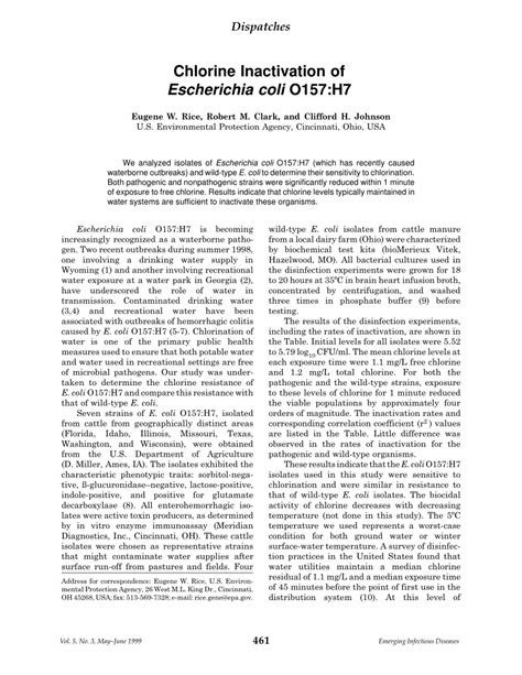 Pdf Chlorine Inactivation Of Escherichia Coli O157h7