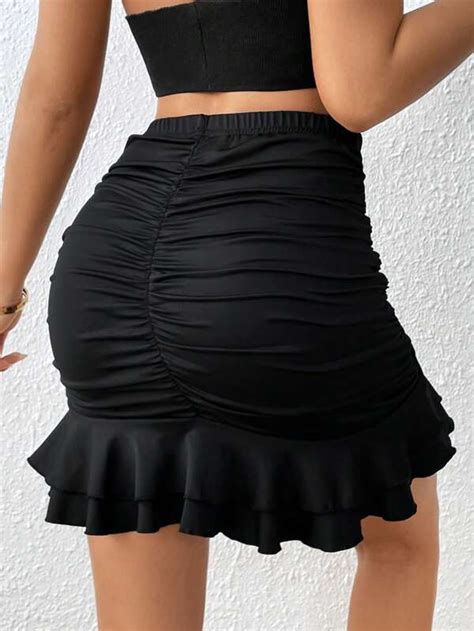 Shein Privé Ruched Ruffle Hem Bodycon Skirt Shein Usa