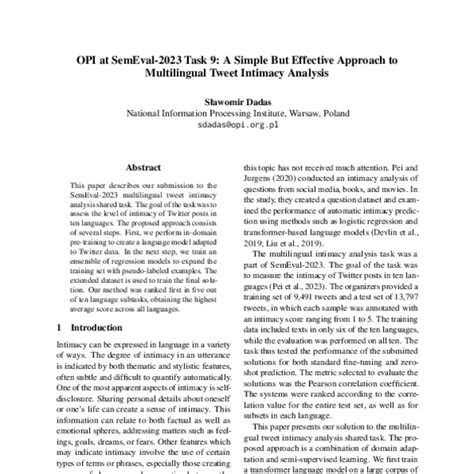 Opi At Semeval 2023 Task 9 A Simple But Effective Approach To Multilingual Tweet Intimacy