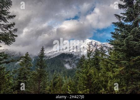 The Mt Rainier Hiding Behind Clouds Seen From The Nisqually River Usa