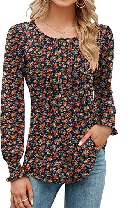 Lomon Womens Fall Puff Long Sleeve Tunic Tops Pleated Crew Neck