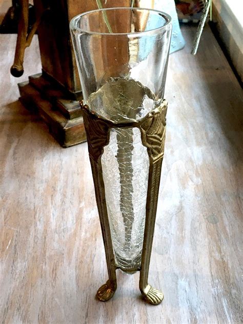 Vintage Crackle Glass Vase In Brass Stand Etsy