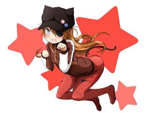 Blue Eyes Blush Bodysuit Brown Hair Eyepatch Fang Hat Long Hair Neon