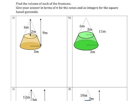finding the volume of a frustum worksheet teaching resources