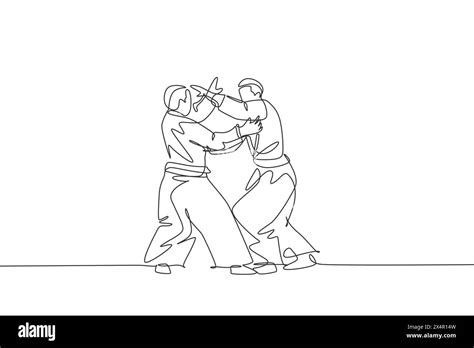 One Single Line Drawing Of Two Young Energetic Men Wearing Kimono