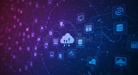 A Digital Illustration Features A Cloud Computing Network With Interconnected Icons Stock