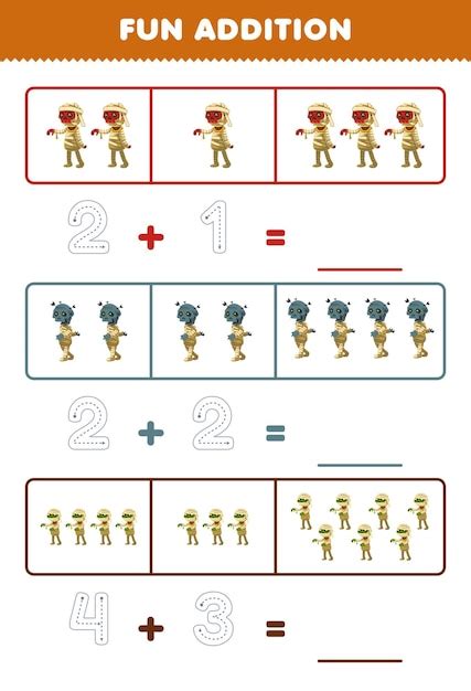 귀여운 만화 미라 인쇄 가능한 할로윈 워크 시트의 수를 세고 추적하여 어린이 재미 추가를위한 교육 게임 프리미엄 벡터