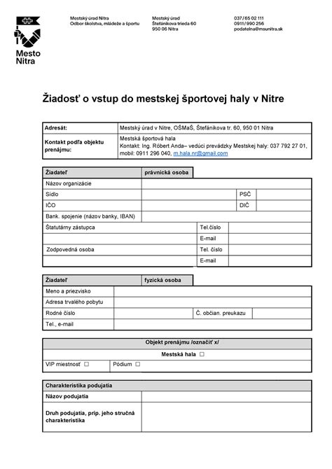 Formular Ziadost Prenajom Haly Žiadosť O Vstup Do Mestskej športovej