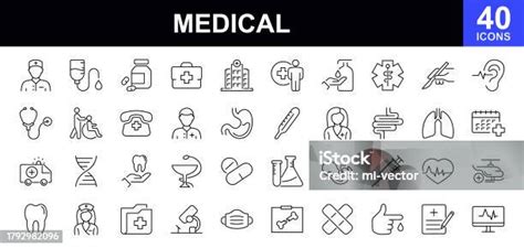 의학 및 건강 웹 아이콘 세트 의료 간단한 얇은 선 아이콘 모음 의료 응급 의료 장비 의사 처방전 바이러스 등을 포함합니다 간단한 웹 아이콘 세트 간호사에 대한 스톡 벡터