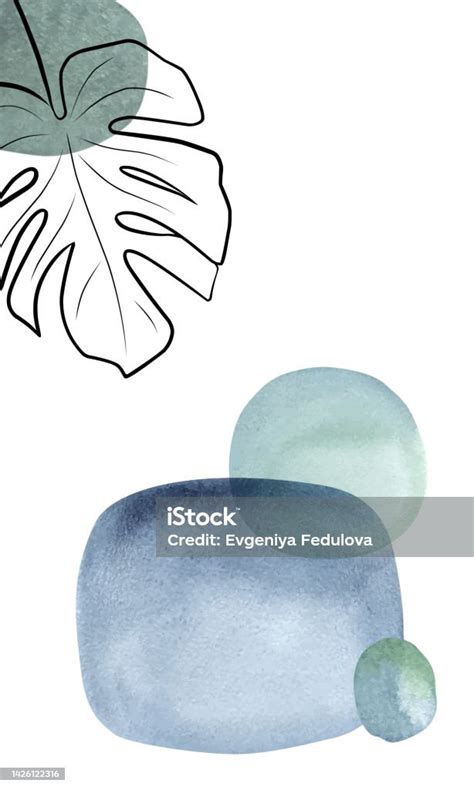 수채화 포스터 페인팅 모양 블루 아쿠아렐레 잉크 나뭇잎이있는 추상적 인 삽화 미니멀리스트 기하학적 요소와 손으로 그린 가지 벽 예술 포스터 0명에 대한 스톡 벡터 아트 및