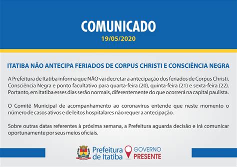 Comunicado Antecipação De Feriados Prefeitura De Itatiba