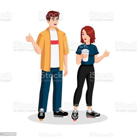 행복 한 젊은 남자와 여자 엄지 손가락을 보여줍니다 사람들은 엄지 손가락 기호를 보여줍니다 벡터 평면 그림 만화 스타일입니다 개념에 대한 스톡 벡터 아트 및 기타 이미지