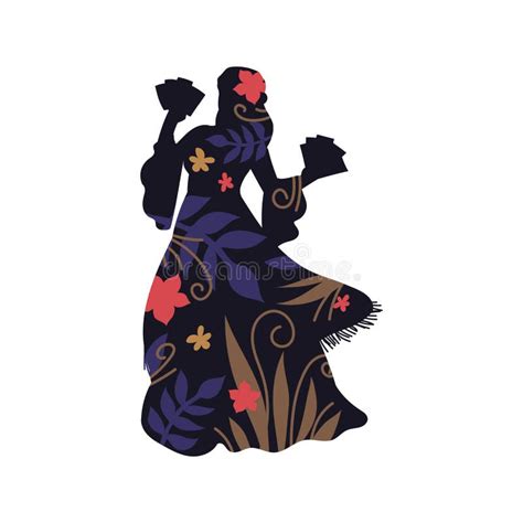 gypsy woman dancing in long dress with tambourine black silhouette with