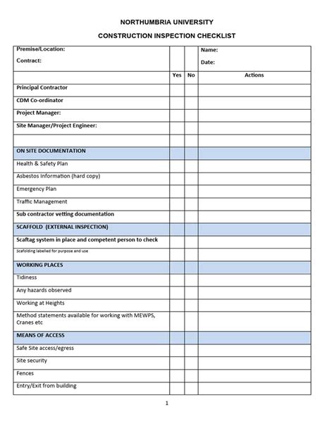 Health And Safety Inspection Checklist Construction Pdf
