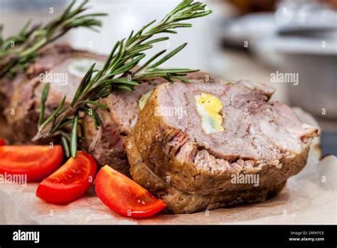 Baked Pork Pork With Eggs Inside Meat Cut Into A Large Piece For Eating Delicious Baked Meat
