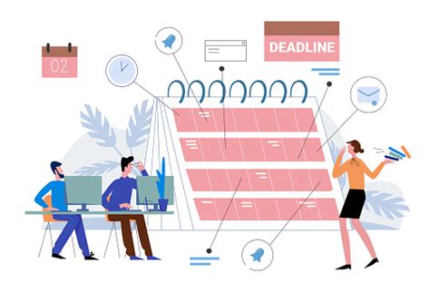 작업 벡터 일러스트의 마감일 만화 플랫 비즈니스 사람들은 워크플로우를 구성하고 흰색으로 격리 된 미리 알림 플래너 달력에 기한을