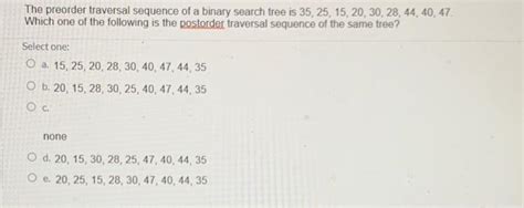 Solved The Preorder Traversal Sequence Of A Binary Search