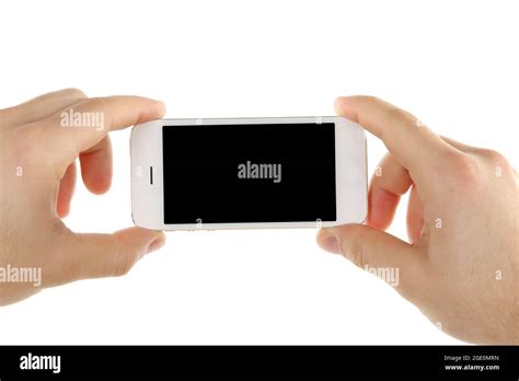 Hands Holding Mobile Smart Phone Isolated On White Stock Photo Alamy