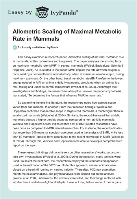 Allometric Scaling Of Maximal Metabolic Rate In Mammals 1095 Words Essay Example