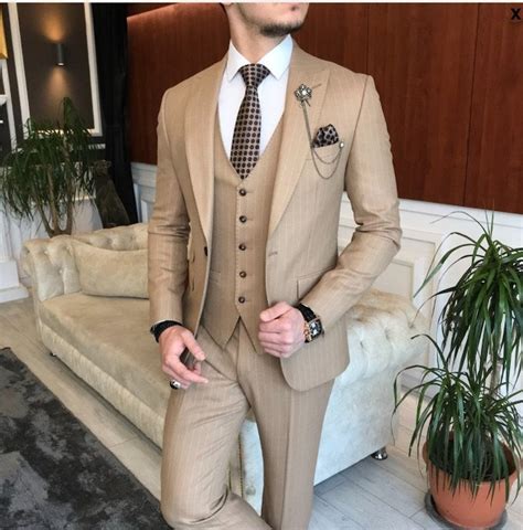 Men Suits 3 Piece Light Brown Suits Men Slim Fit Suits One Button