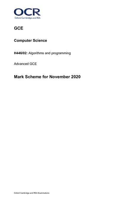 OCR COMPUTER SCIENCE PRO Marking Scheme GCE Computer Science H Algorithms And