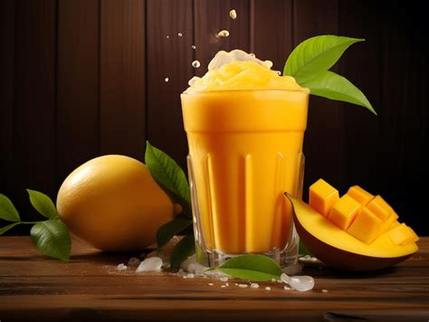 Premium Ai Image Fresh Tropical Fruit Smoothie Mango Juice On Wooden
