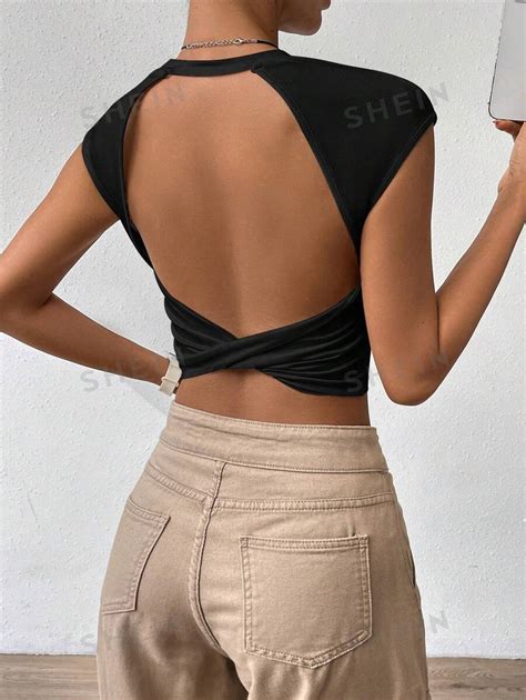 Shein Privé Solid Twist Backless White Top Crop Tee Shein Uk