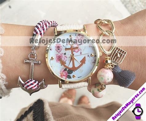Reloj blanco extensible piel sintética ancla con flores R Relojes De Mayoreo