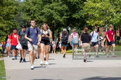 조지아 대학교 캠퍼스에서 화창한 날에 밖으로 걷는 학생들 대학생에 대한 스톡 사진 및 기타 이미지 대학생 미국 걷기